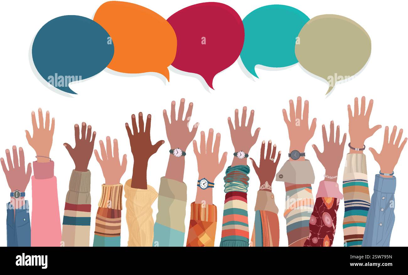 Anonymous raised of multicultural group people.Racial equality.Speech bubble.Crowd people.Men ...