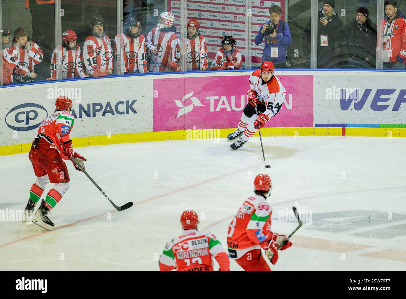 KRAKOW, POLAND, Jan 12, 2025, A hockey match between COMARCH CRACOVIA AND ZAGLEBIE SOSNOWIEC OP ...