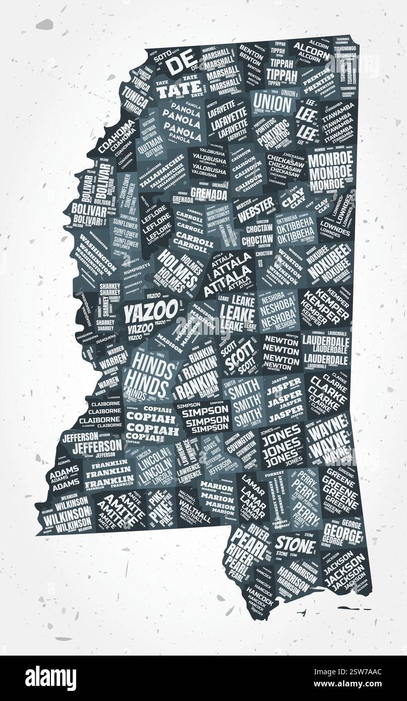 Mississippi counties word clouds. State shape on textured background ...