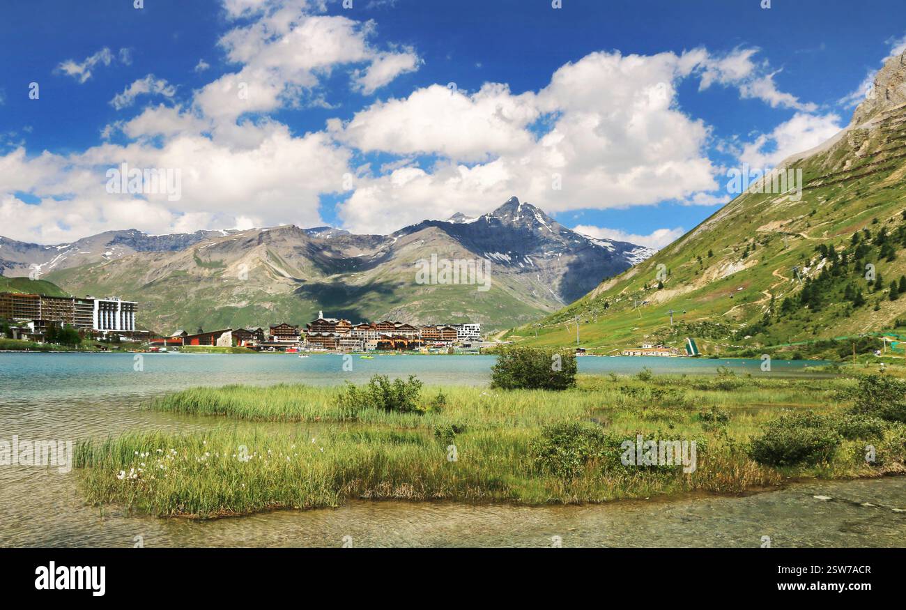 Lake Tignes and the winter sports resort Stock Photo - Alamy