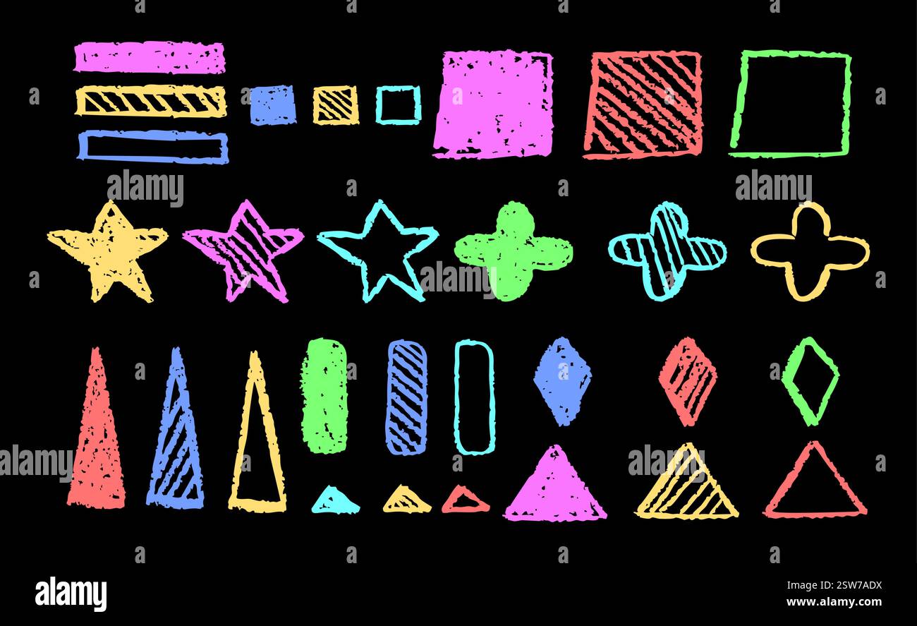 Set of abstract geometric basic shapes drawn with colorful pastel or ...