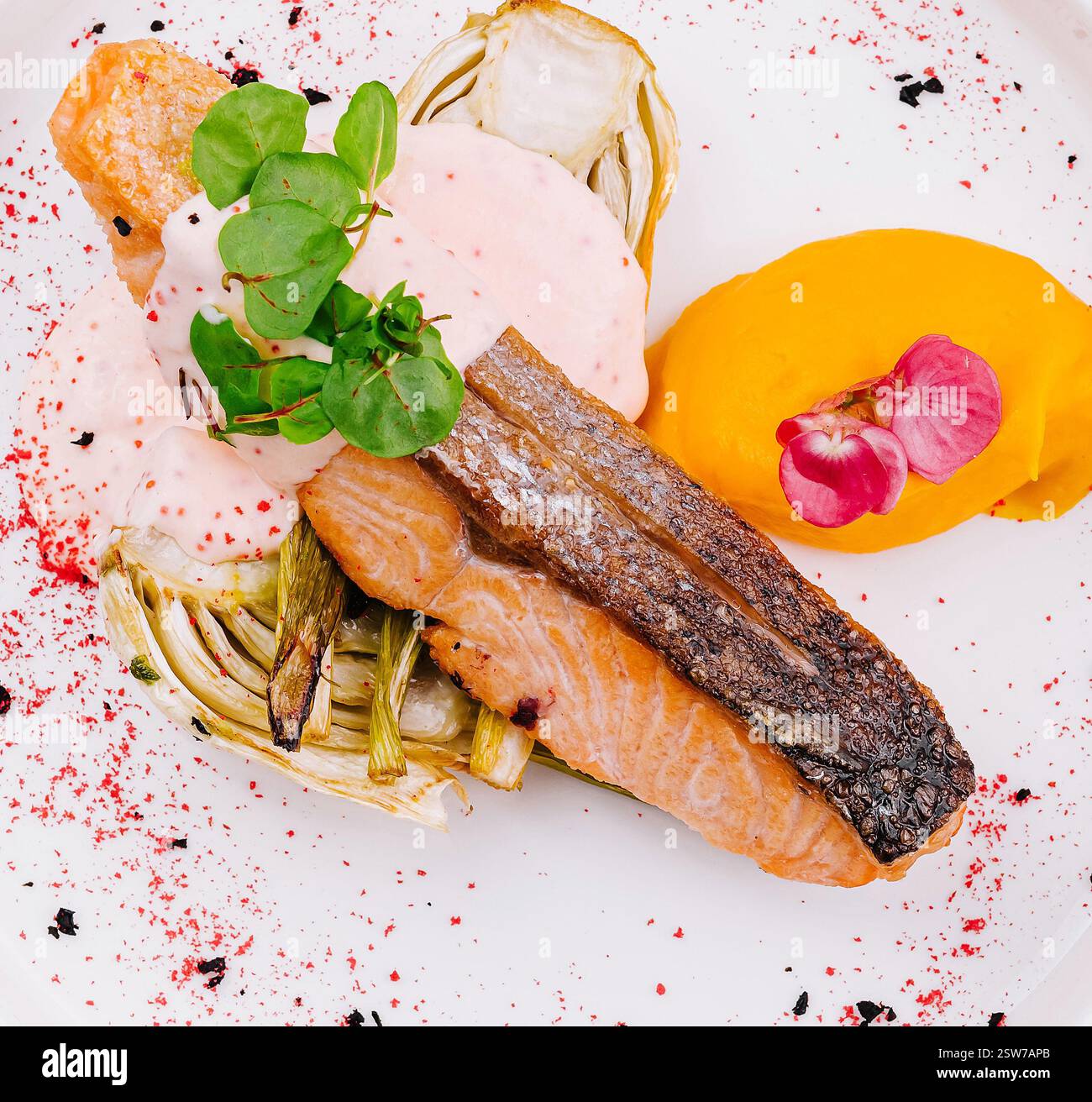 Top view of a delicious salmon fillet plated with vibrant vegetables ...
