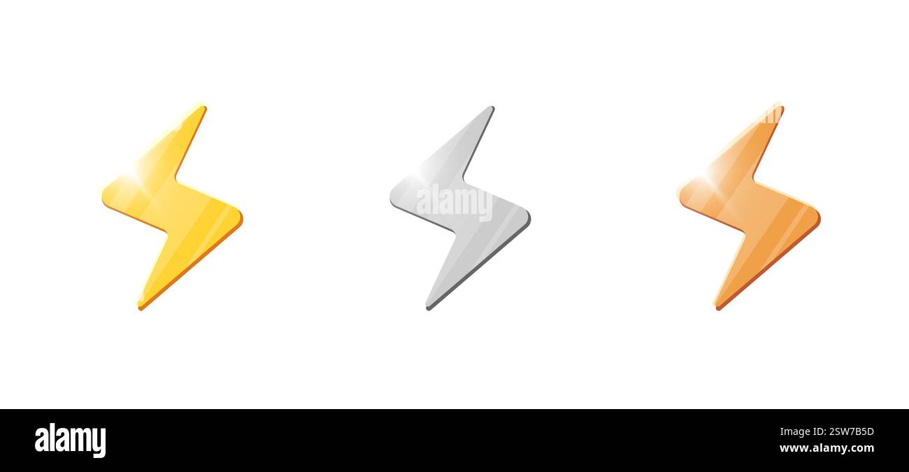 Set of golden, silver and bronze coins with lightning bolt symbols ...