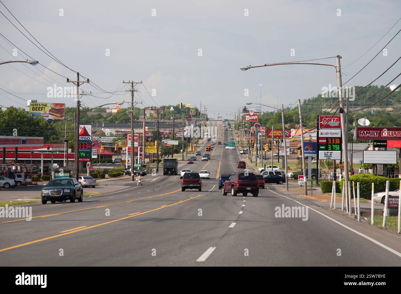 Typical American commercial strip sprawl along a highway lined with gas ...