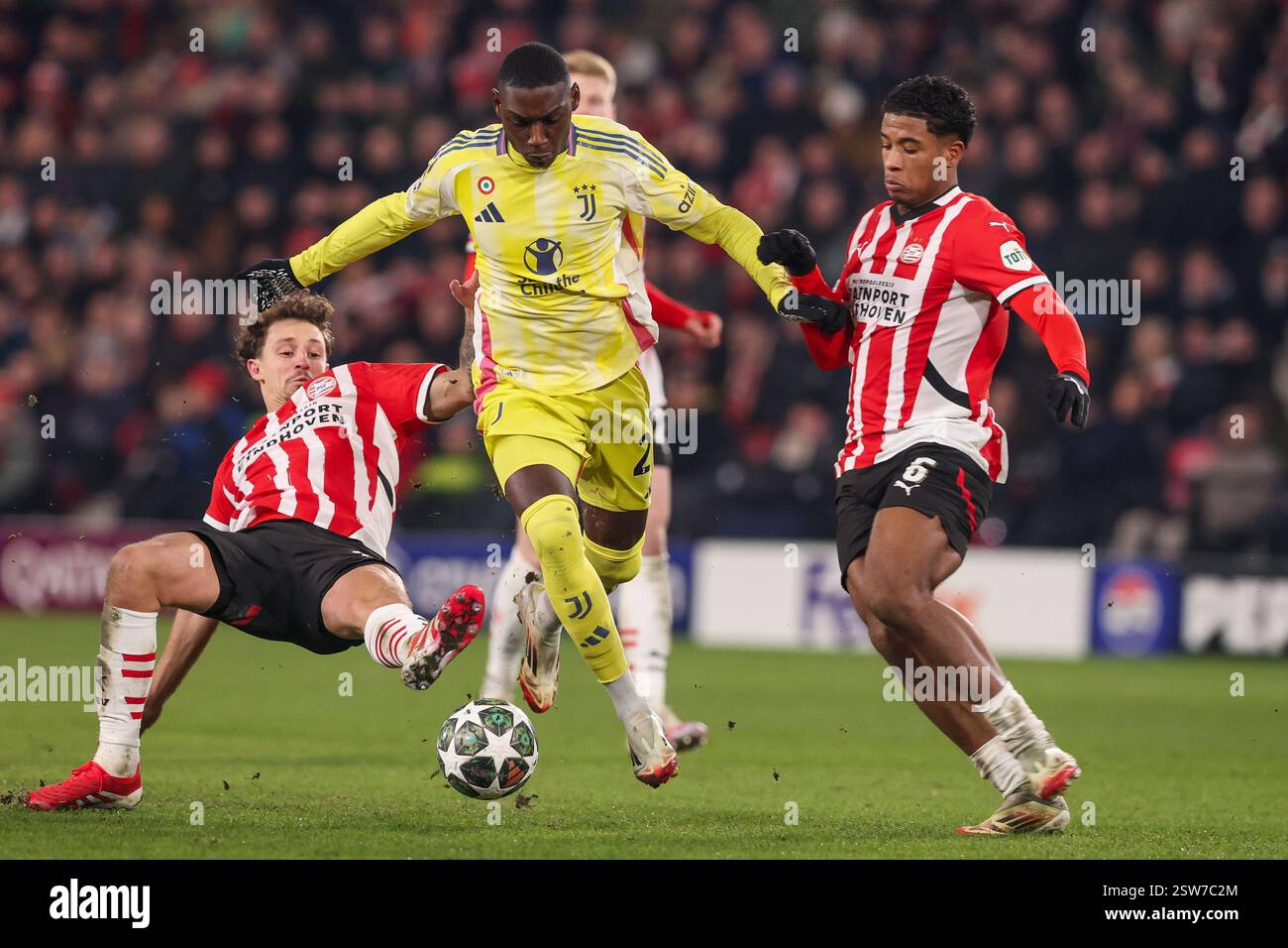 Randal Kolo Muani of Juventus is challenged by Olivier Boscagli of PSV ...