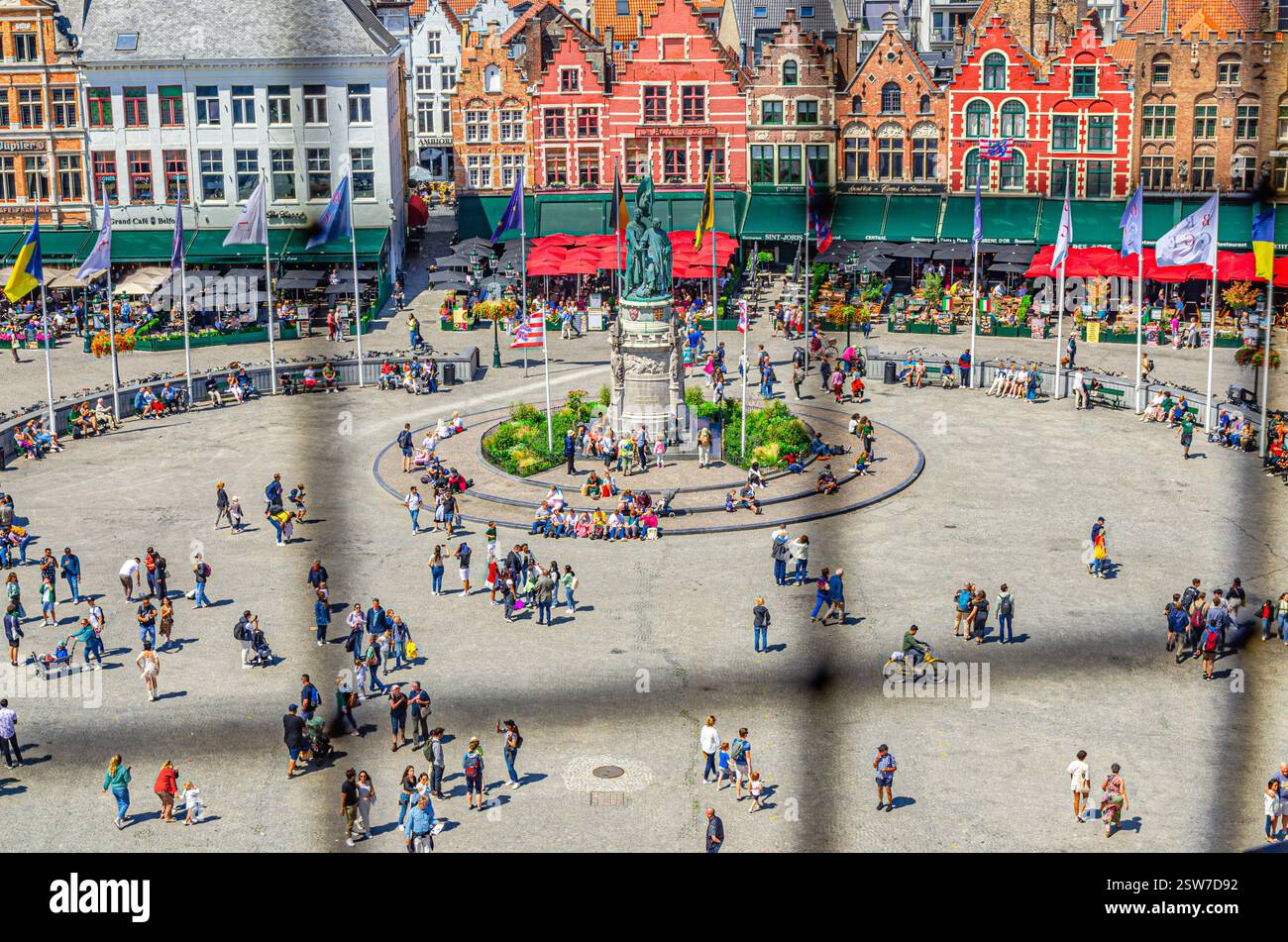 Bruges, Belgium, July 5, 2023: aerial view of Market square with crowd ...