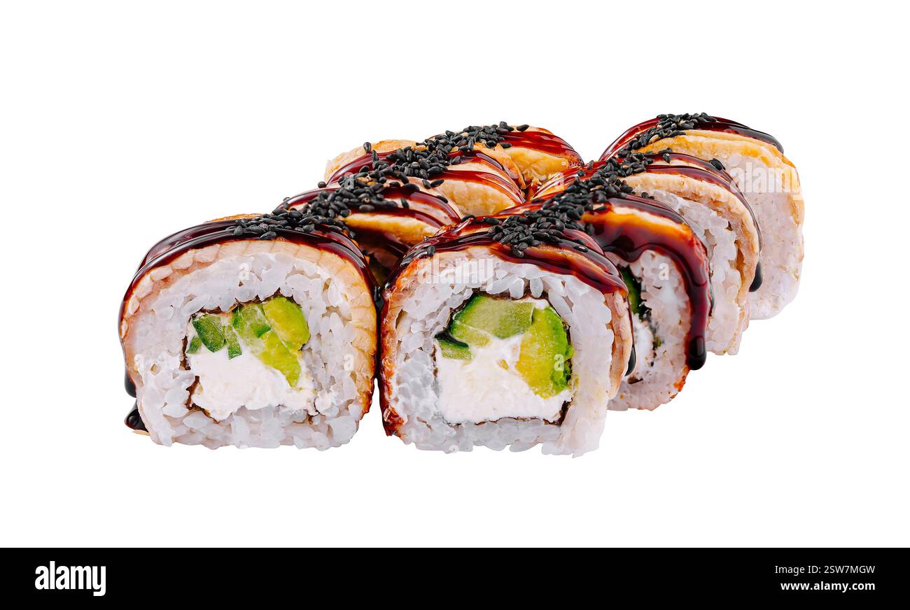 Row of sushi rolls topped with eel and avocado Cut Out Stock Images ...