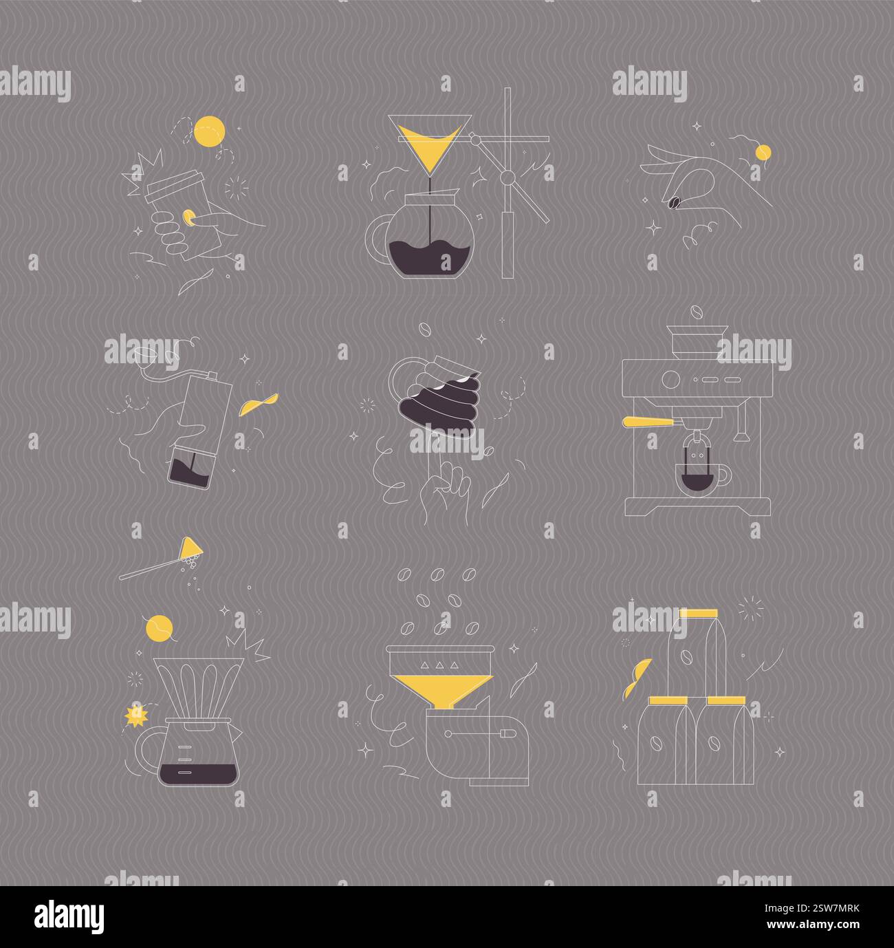 Coffee symbols set cup, pot, grinder, bean, machine, pot, mill, pack ...