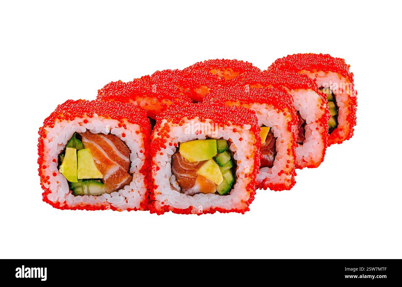 Vibrant california sushi rolls topped with bright red tobiko, isolated ...