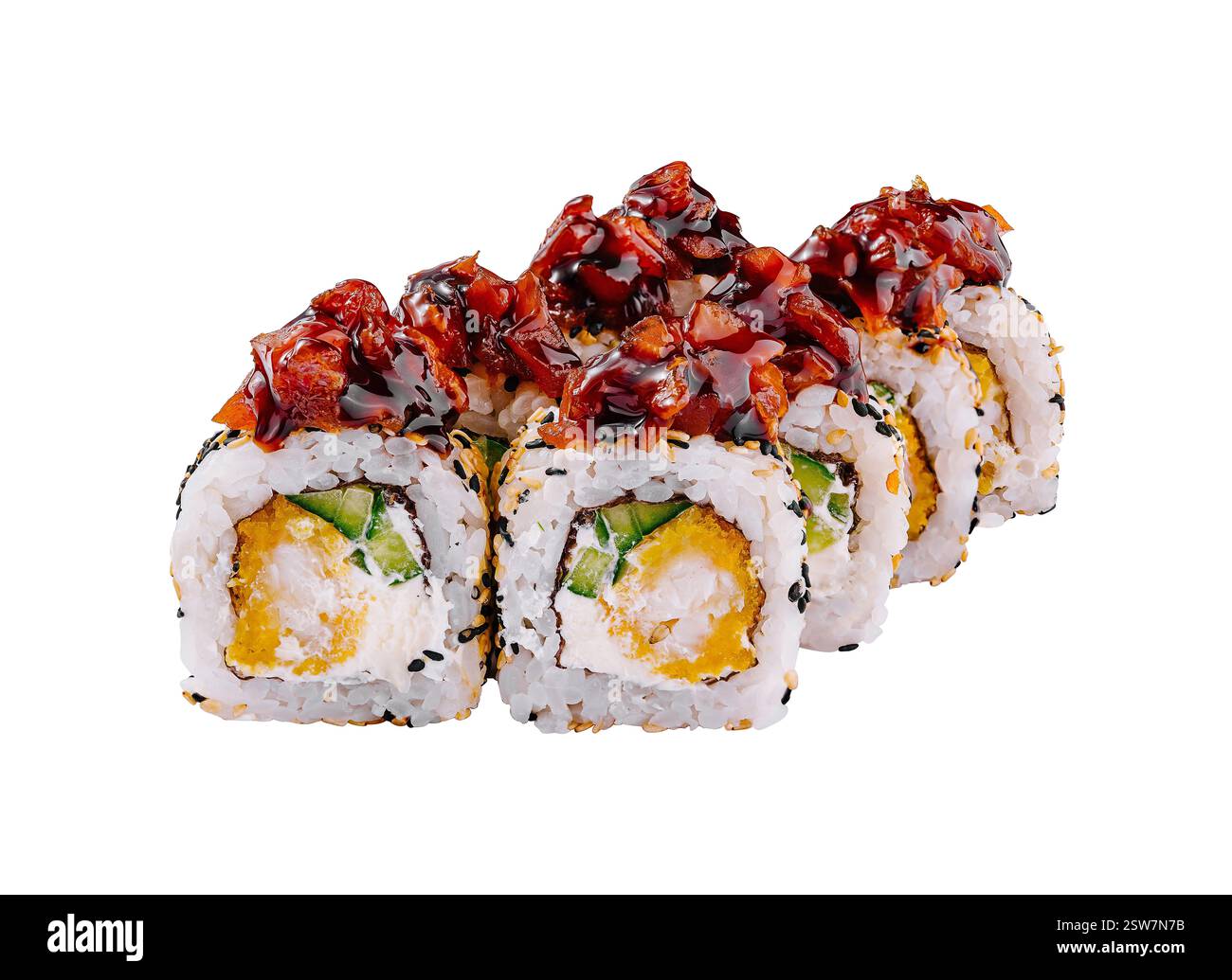 Unagi sushi rolls with sauce on white background Stock Photo - Alamy