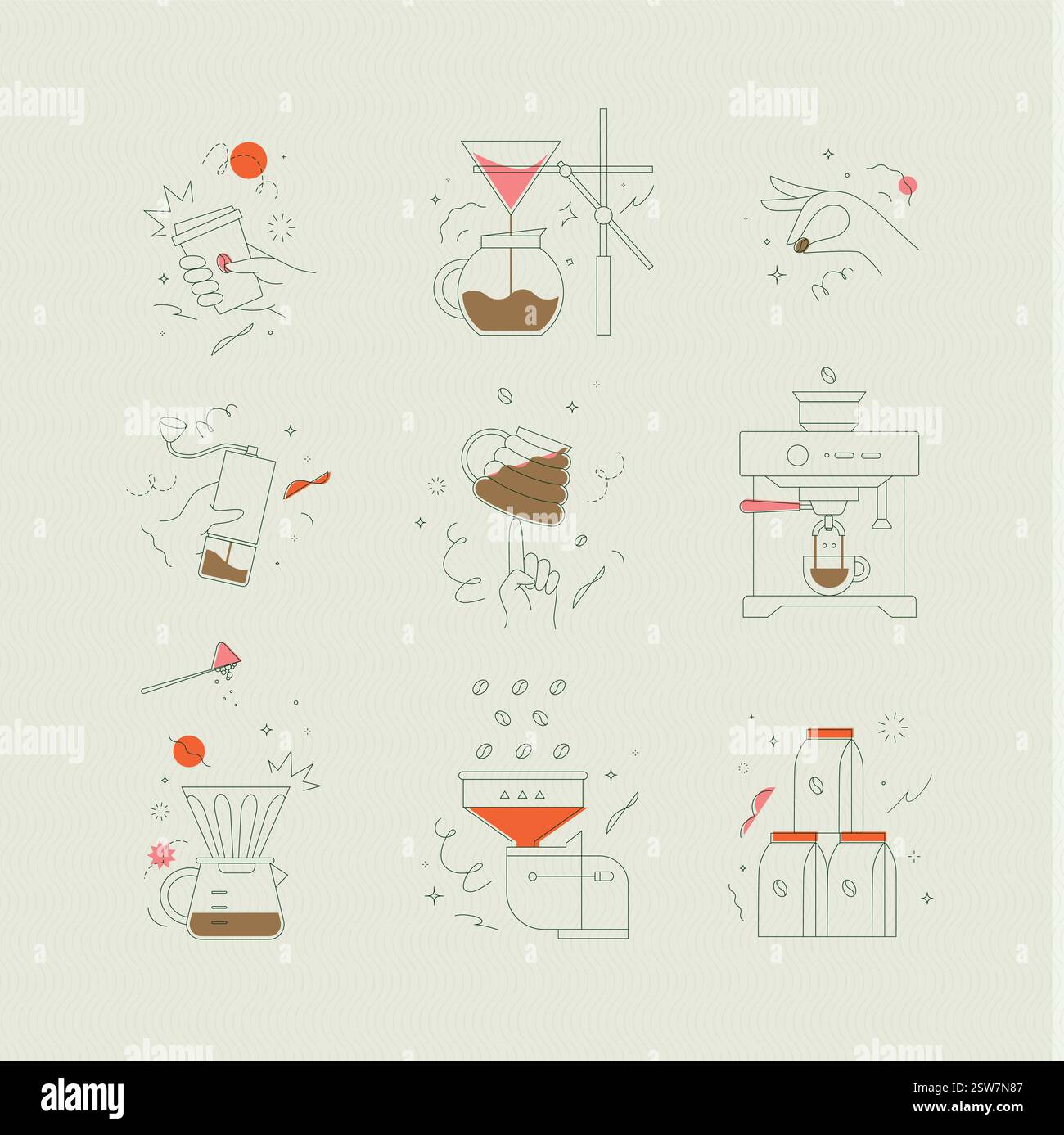 Coffee symbols set cup, pot, grinder, bean, machine, pot, mill, pack ...