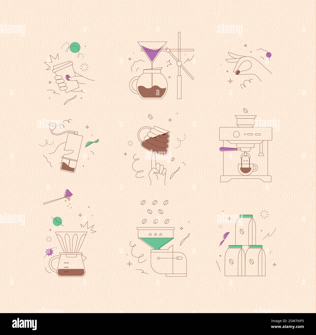 Coffee symbols set cup, pot, grinder, bean, machine, pot, mill, pack ...