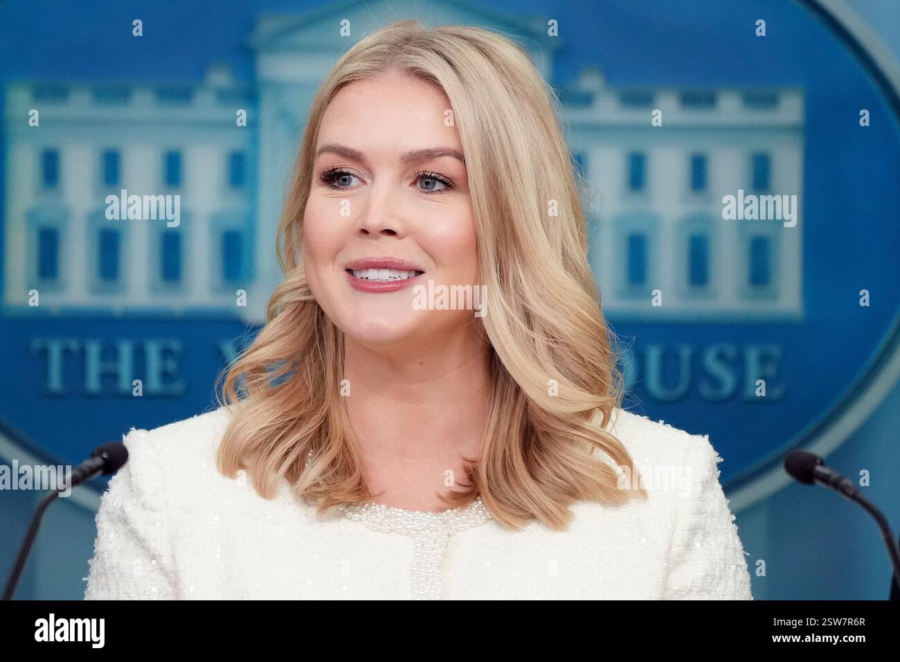 White House press secretary Karoline Leavitt speaks with reporters in the James Brady Press ...