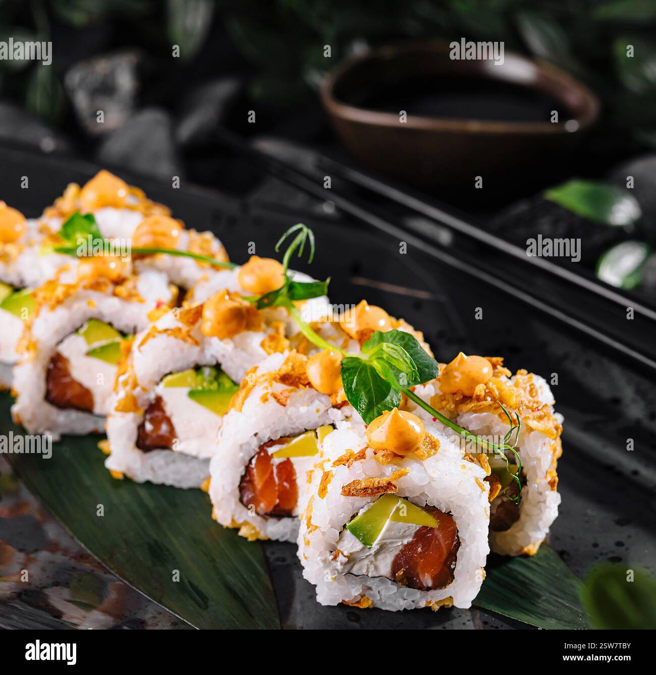 Gourmet sushi rolls with fresh toppings on elegant plate Stock Photo ...