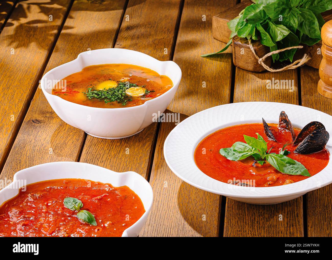 Elevated view of three delicious soup varieties served in white bowls ...