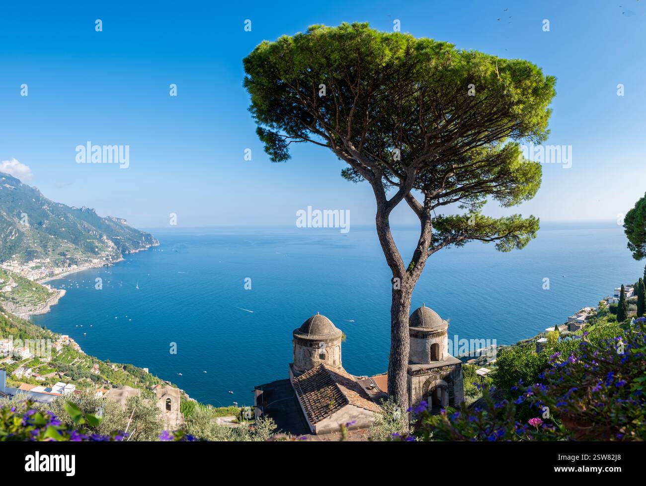 A striking panorama reveals the Amalfi Coast, showcasing coastal cliffs ...