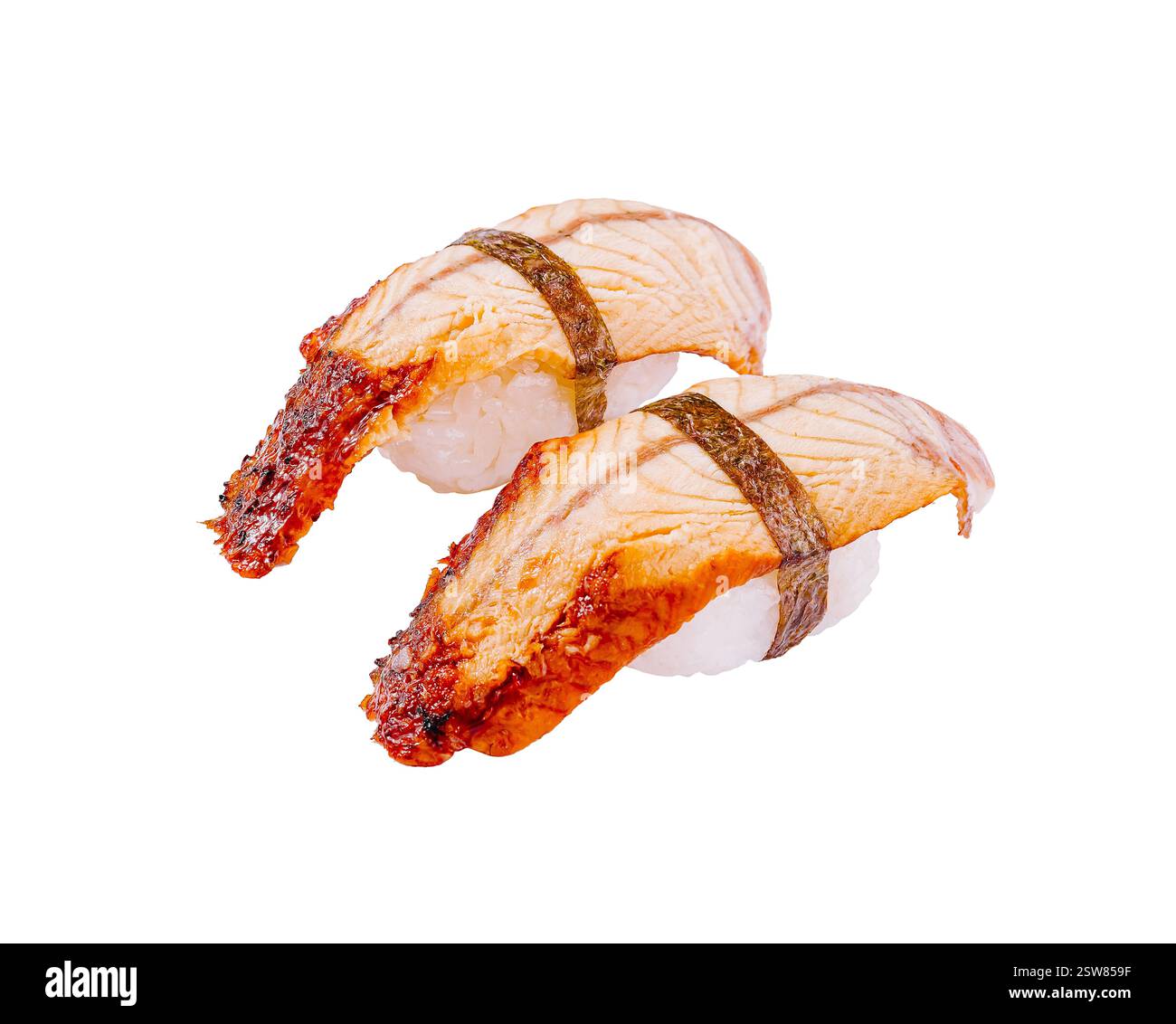 Two pieces of unagi nigiri sushi with grilled eel and rice are beautifully presented on a clean ...