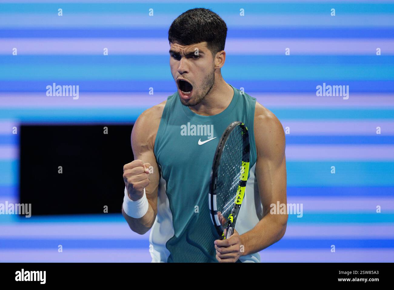 Carlos Alcaraz of Spain during the 2025 Qatar ExxonMobil Open, ATP 500 ...