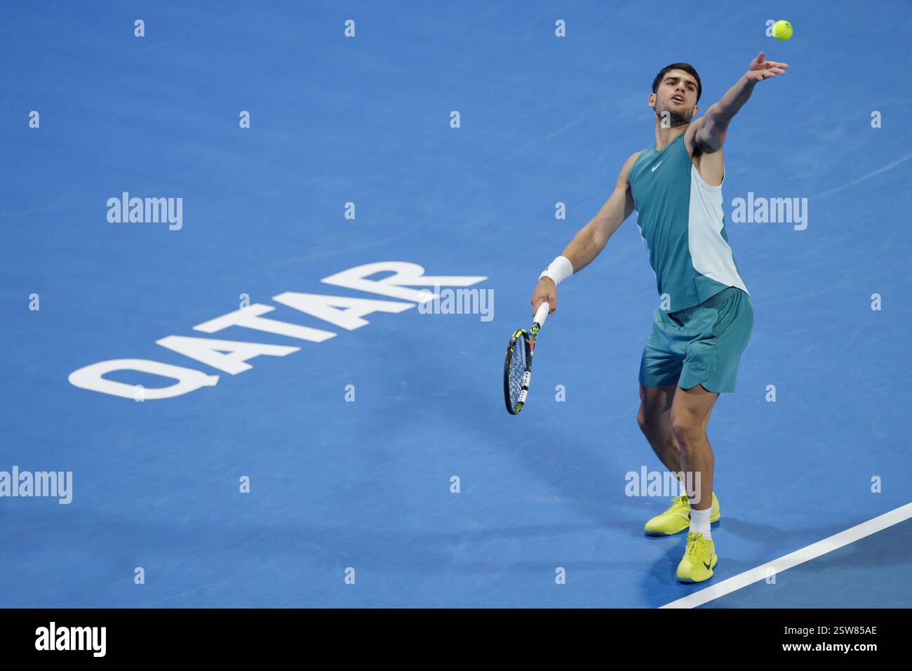 Carlos Alcaraz of Spain during the 2025 Qatar ExxonMobil Open, ATP 500 ...