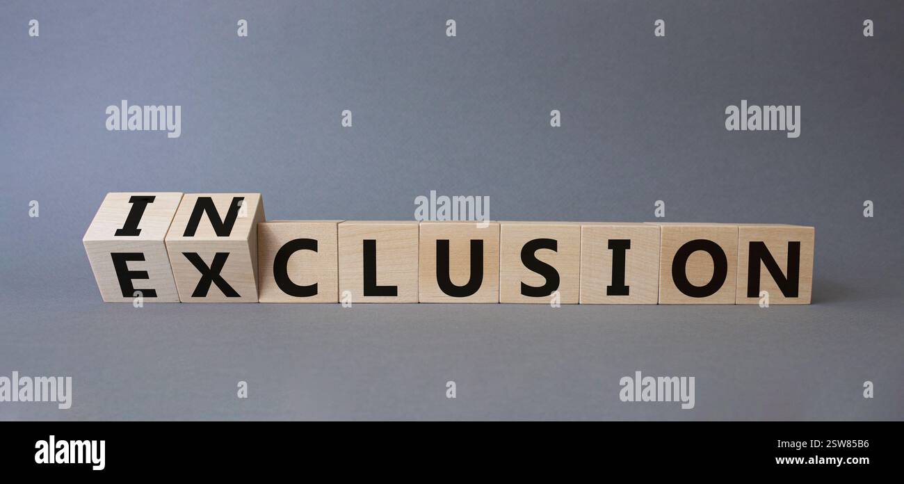 Inclusion and Exclusion symbol. Turned wooden cubes with words ...