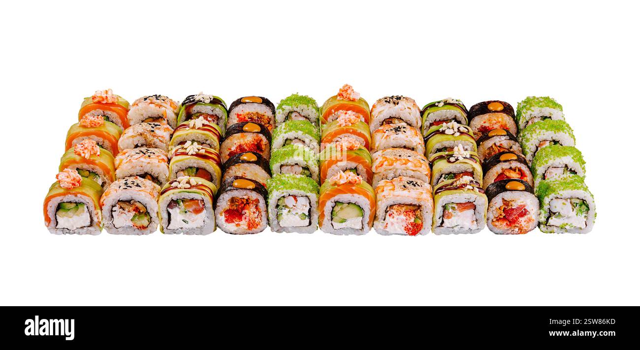 Big sushi set with various kinds of maki rolls isolated on white background Stock Photo - Alamy