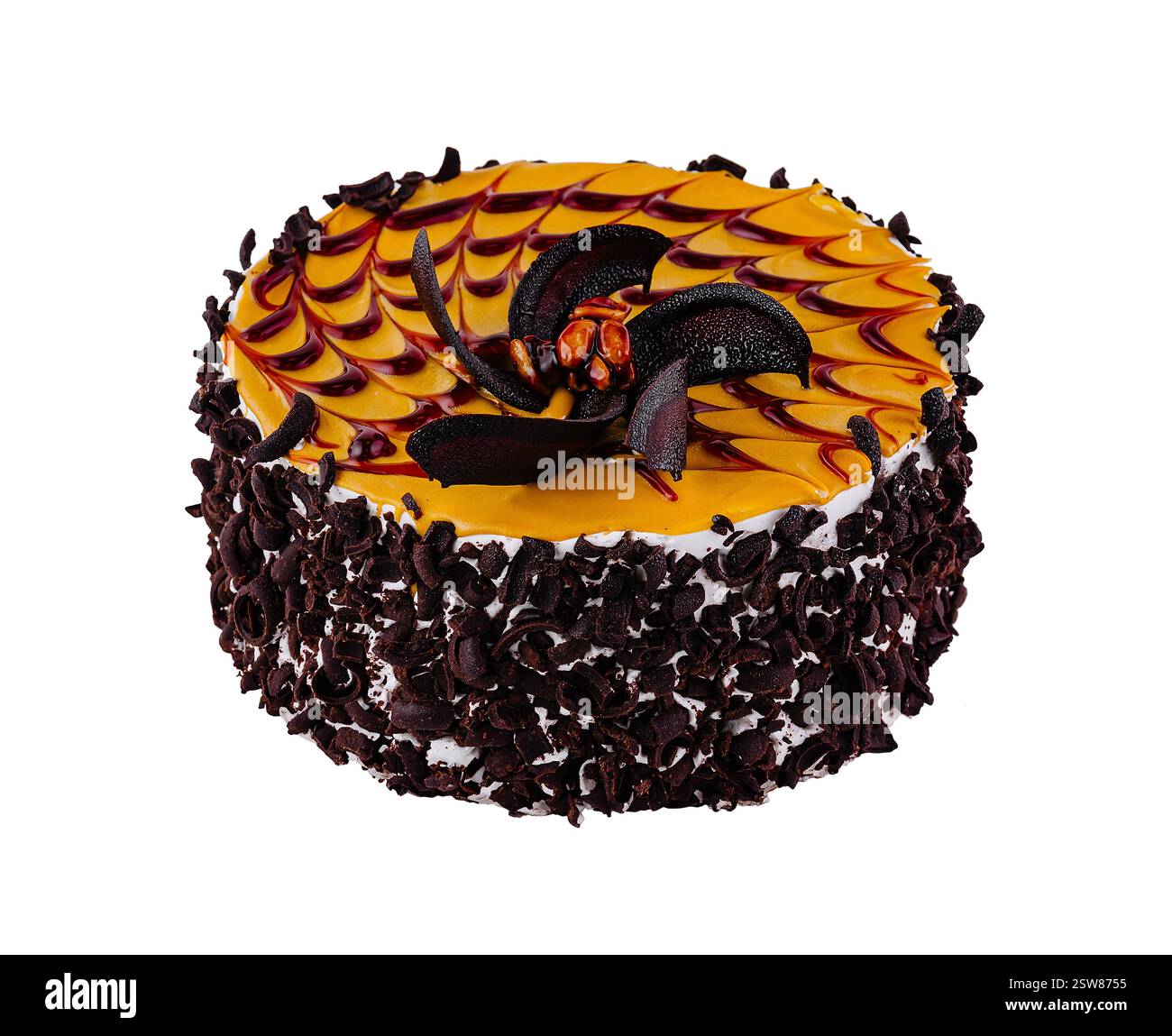 Delicious round cake decorated with chocolate curls on white background ...