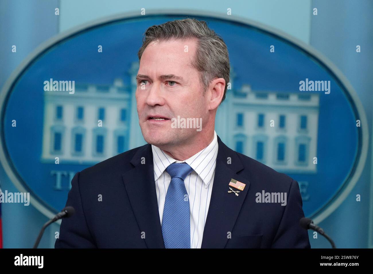 White House national security adviser Mike Walz speaks with reporters ...