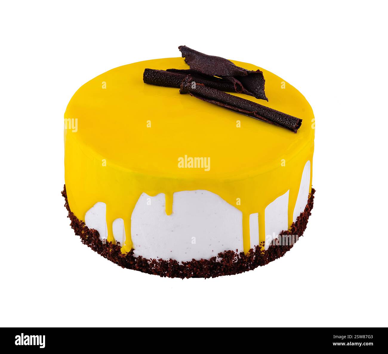 Delicious round cake with yellow icing dripping decorated with ...