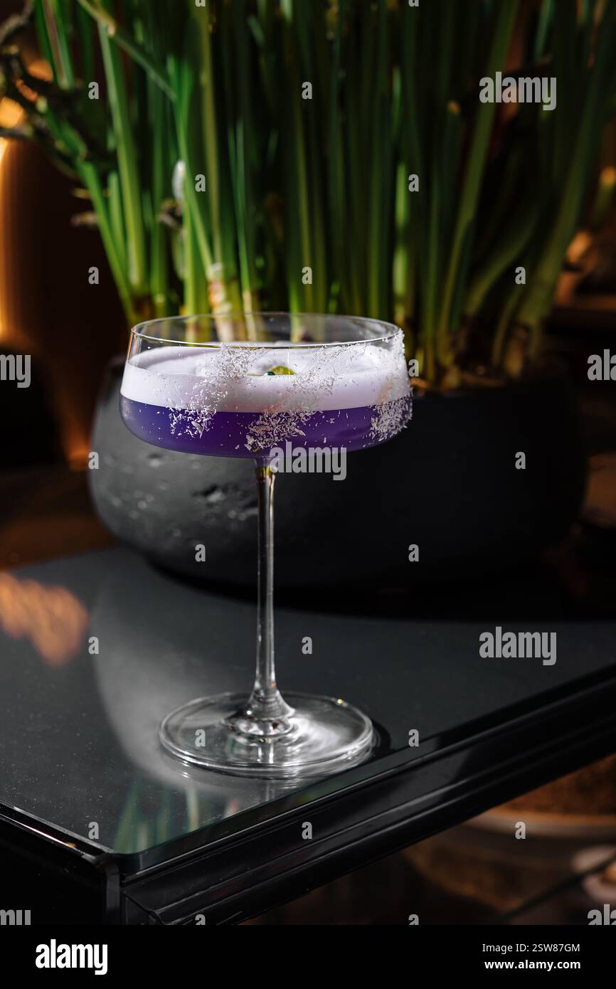 Purple cocktail with egg white foam and flower garnish standing on a ...