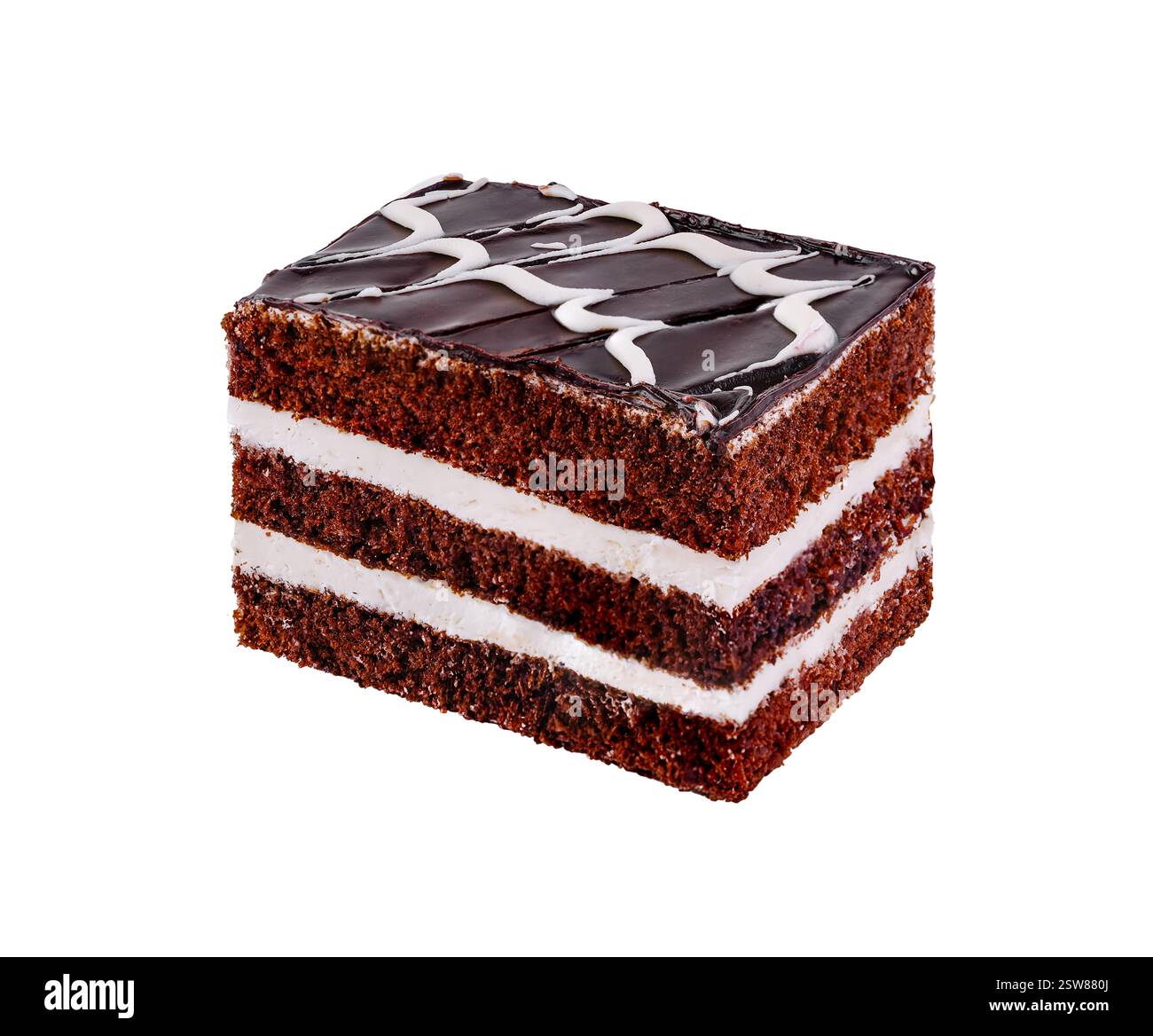 Delicious chocolate cake slice with layers of white cream isolated on ...