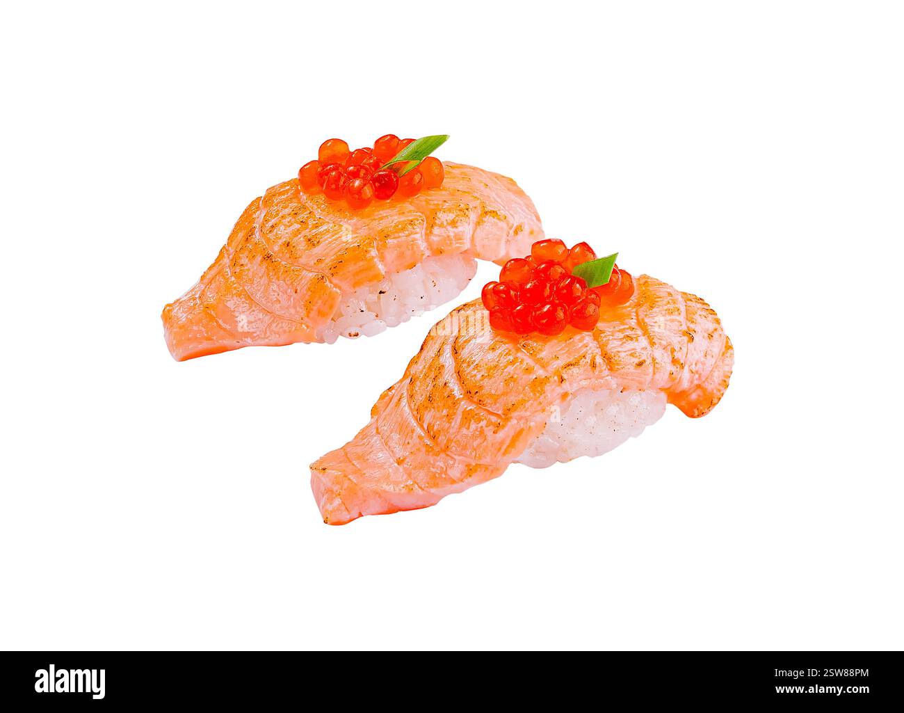 Two salmon nigiri sushi pieces with tobiko roe and garnish on white ...