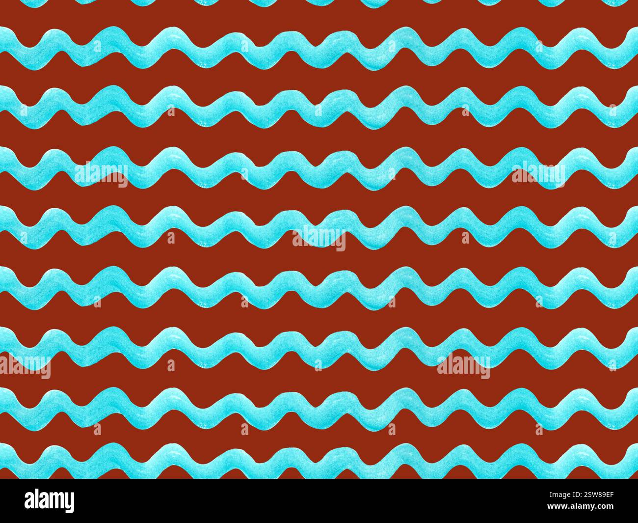 Abstract turquoise wavy lines watercolor seamless pattern on brown red ...