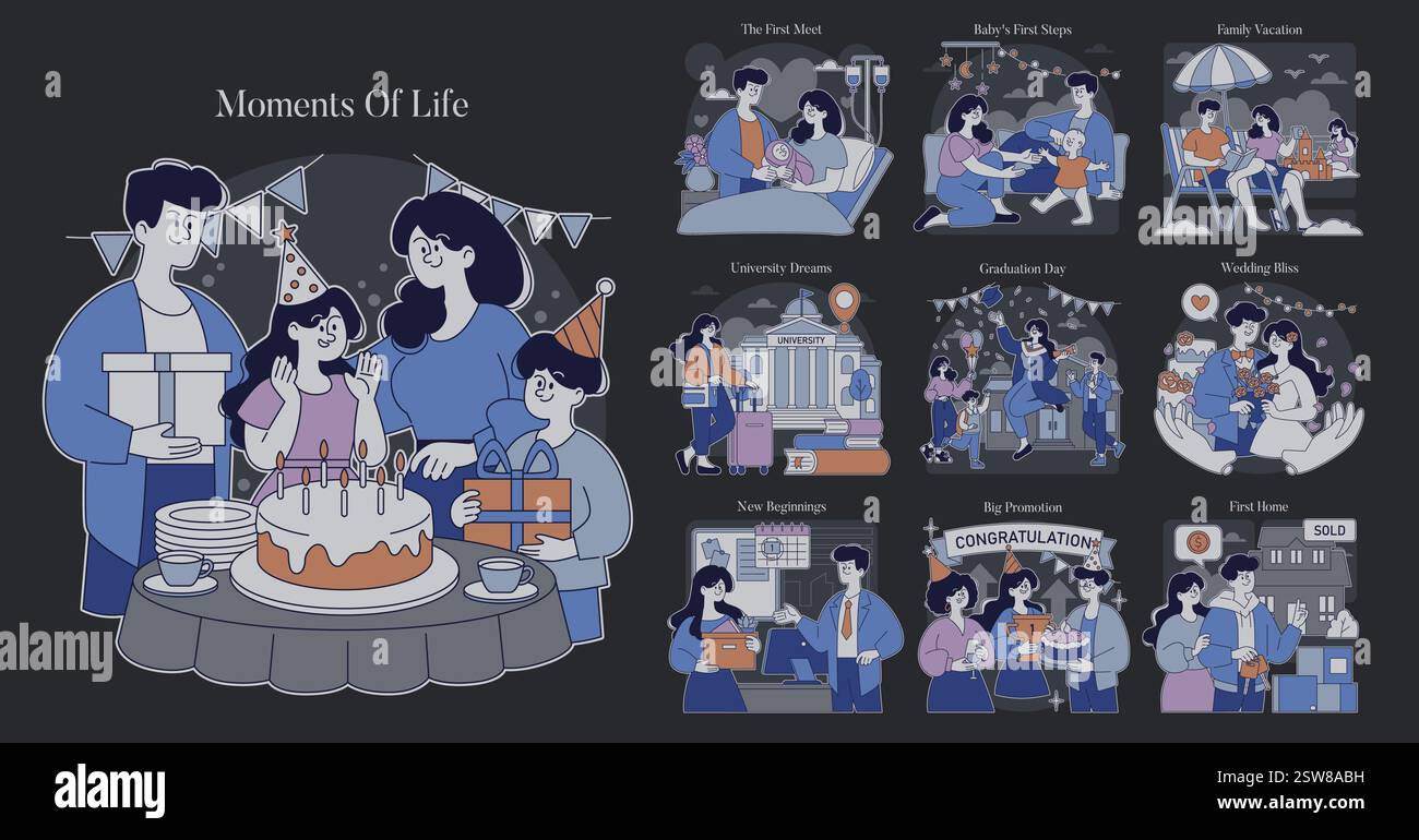 Moments of Life set. Illustration of key life events from birthday to retirement. Family ...