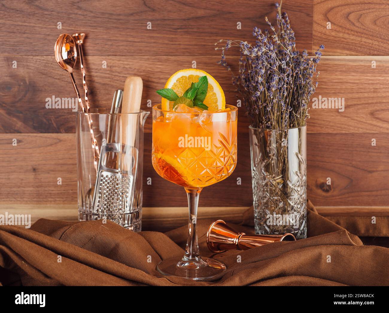 Aperol spritz cocktail is standing on the bar counter and waiting ...