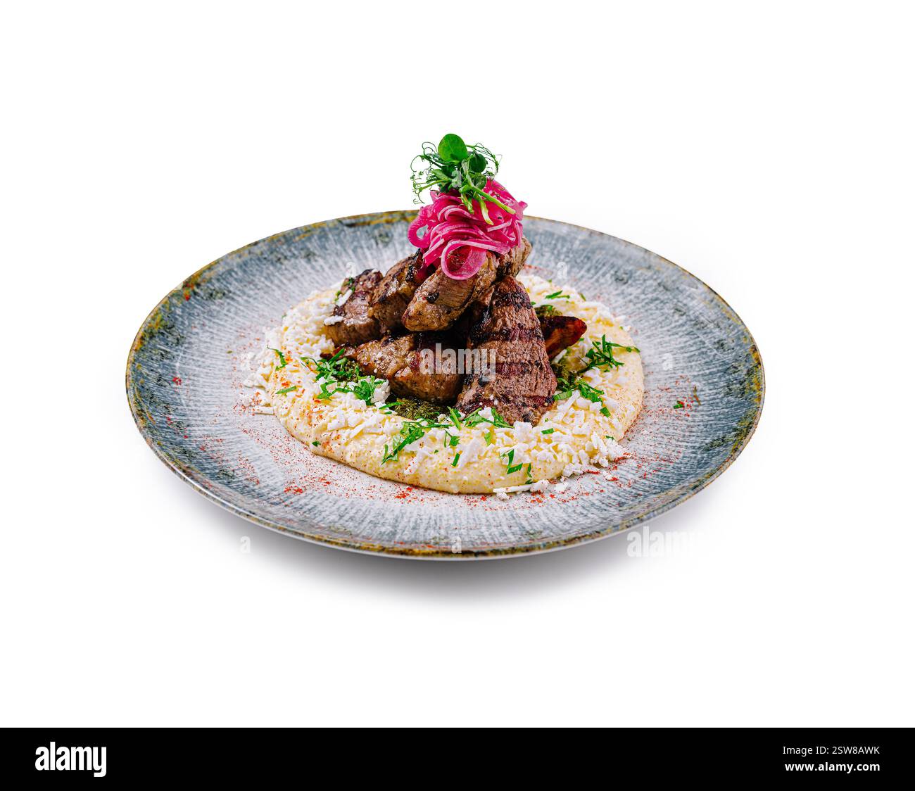 Grilled beef tenderloin with polenta, pickled onions and parsley pesto ...