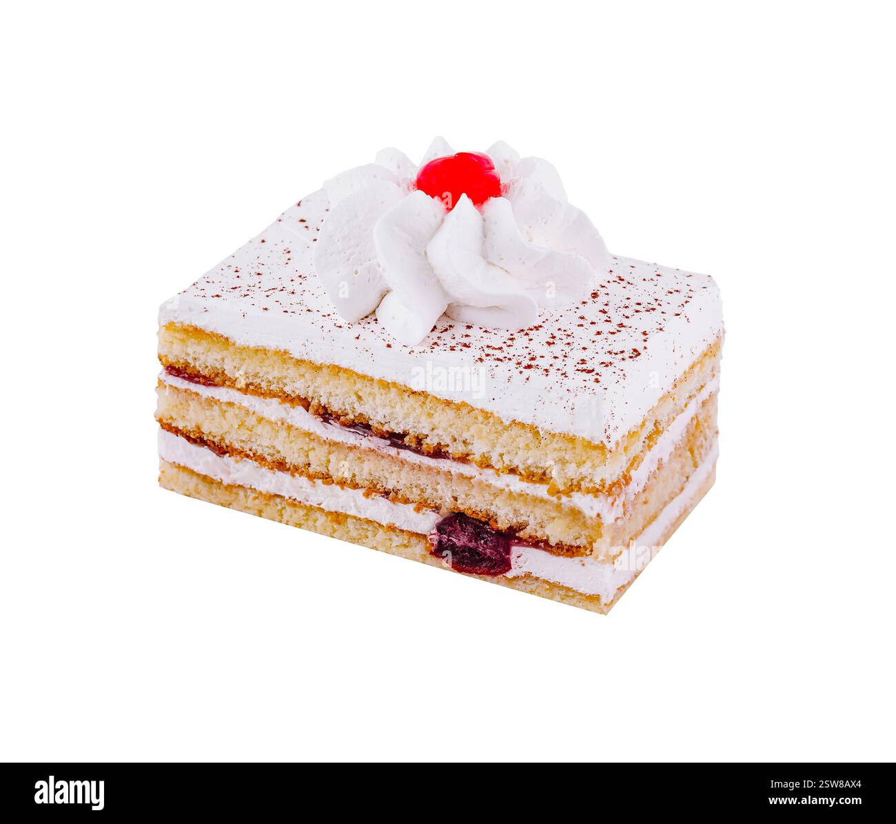 Delicious slice of layered cake with whipped cream and cherry topping ...