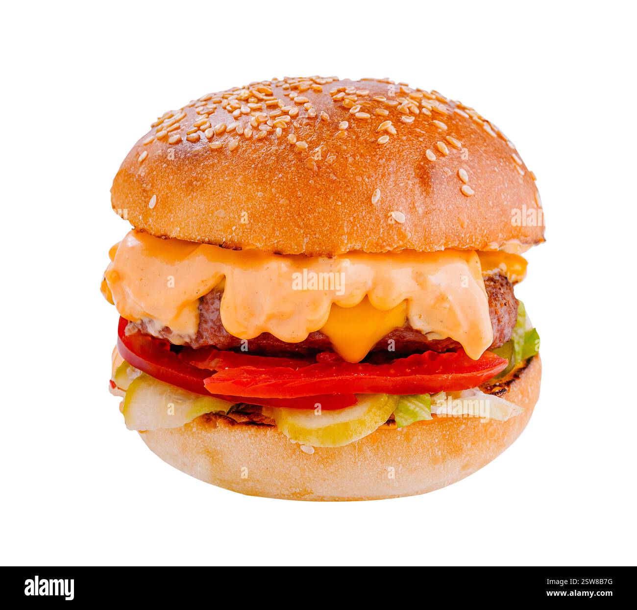 Delicious burger with melted cheese dripping over toppings on white ...