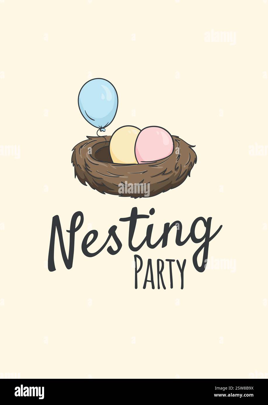 Nesting party. Poster template for children's party. Nest with colorful ...