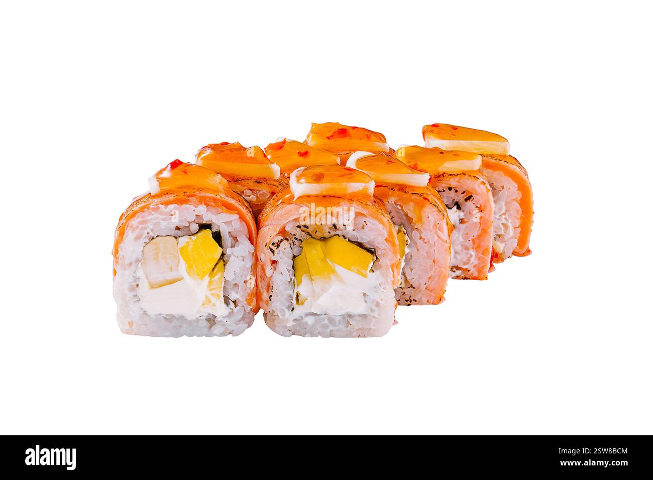 Sushi rolls with salmon, mango, cream cheese and sauce standing in line ...