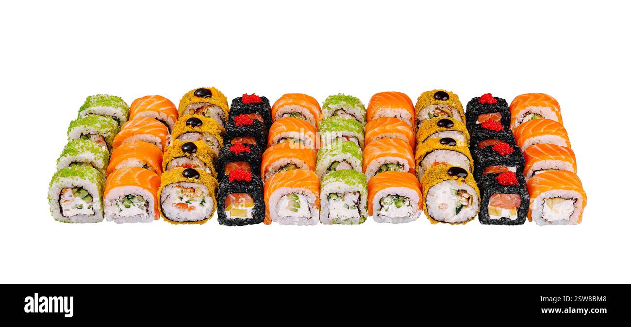 Sushi set of different types of rolls showing filling ingredients hi ...