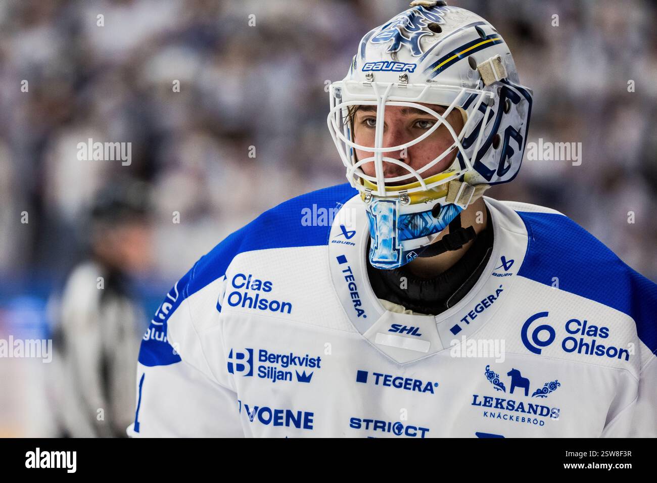 Leksand, Sverige. 20th Feb, 2025. 250220 Leksands målvakt Marcus Gidlöf under ishockeymatchen i ...