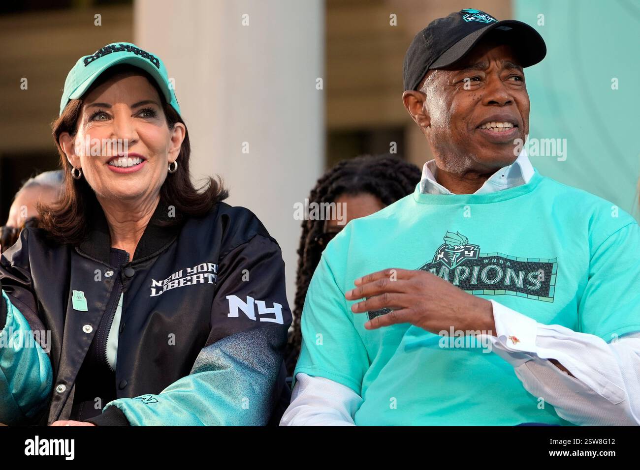 FILE — New York mayor Eric Adams, right, and New York governor Kathy ...