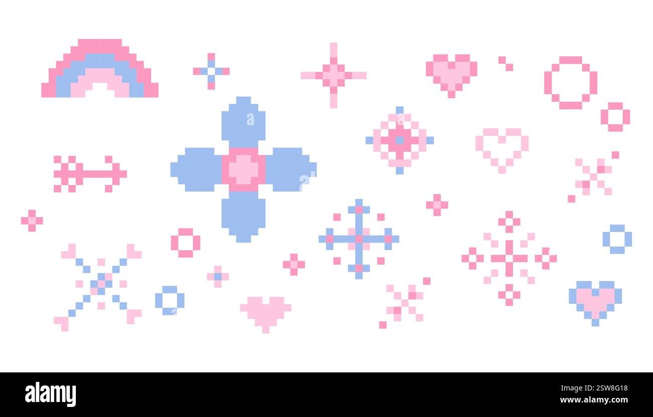 Pixel star sparkle cute retro 8 bit sparkle set. Shiny pink game pixel ...