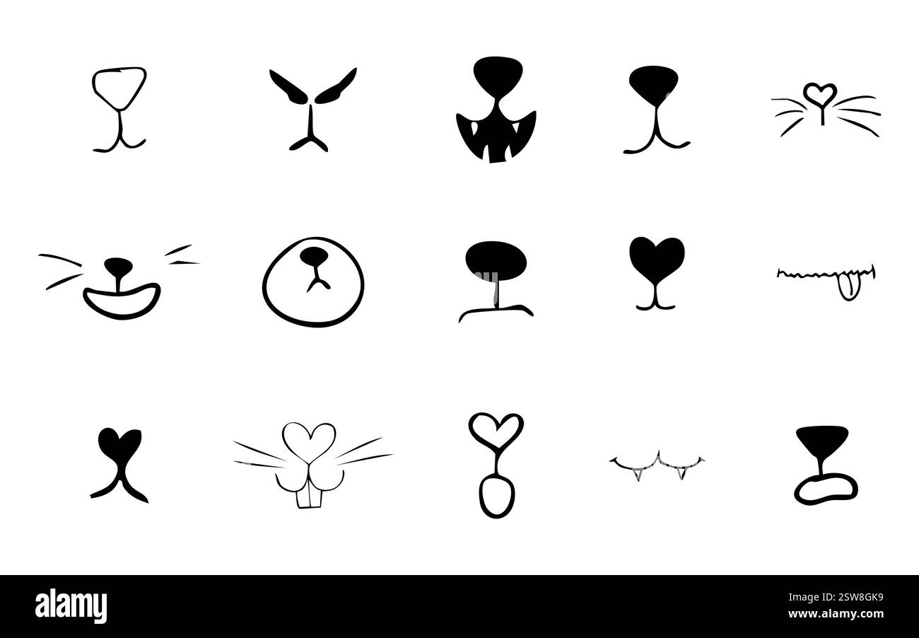 Pet mouth comic cute line doodle drawing. Set lips, noses and whiskers ...