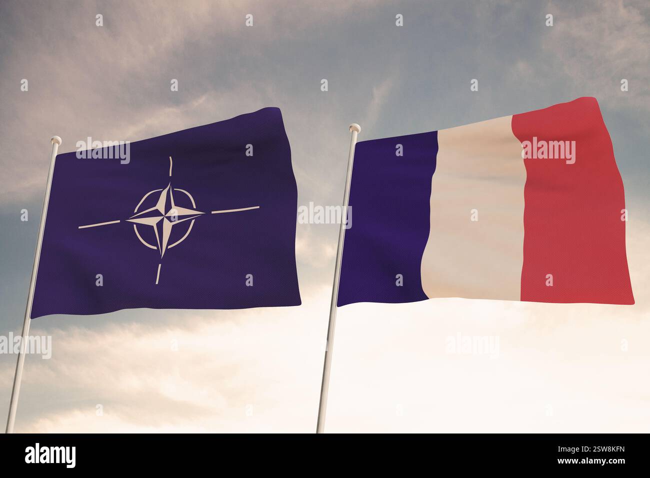 Flags of NATO AND FRANCE waving with cloudy blue sky background ...