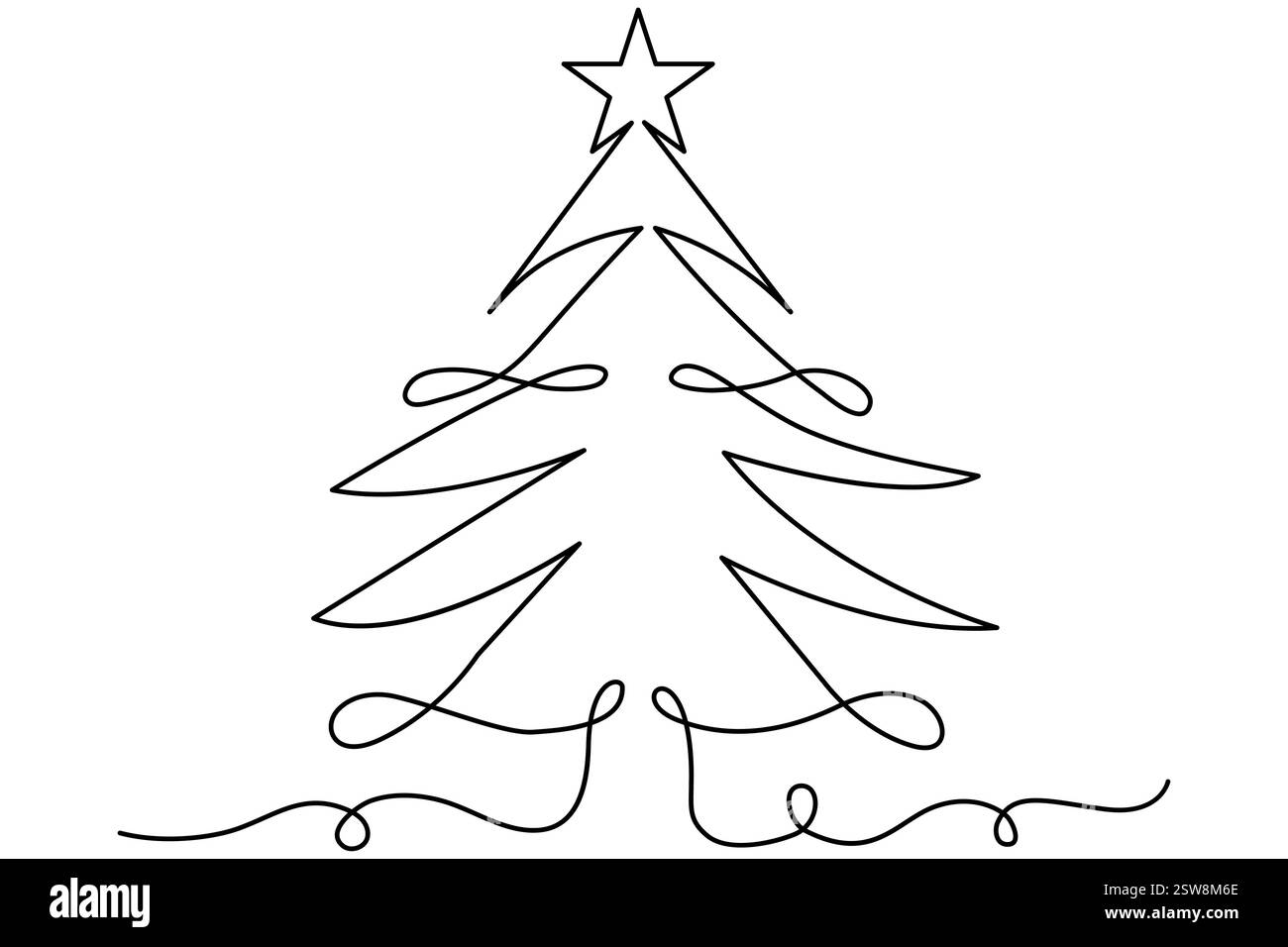 Christmas tree continuous one line drawing with star on top and ...