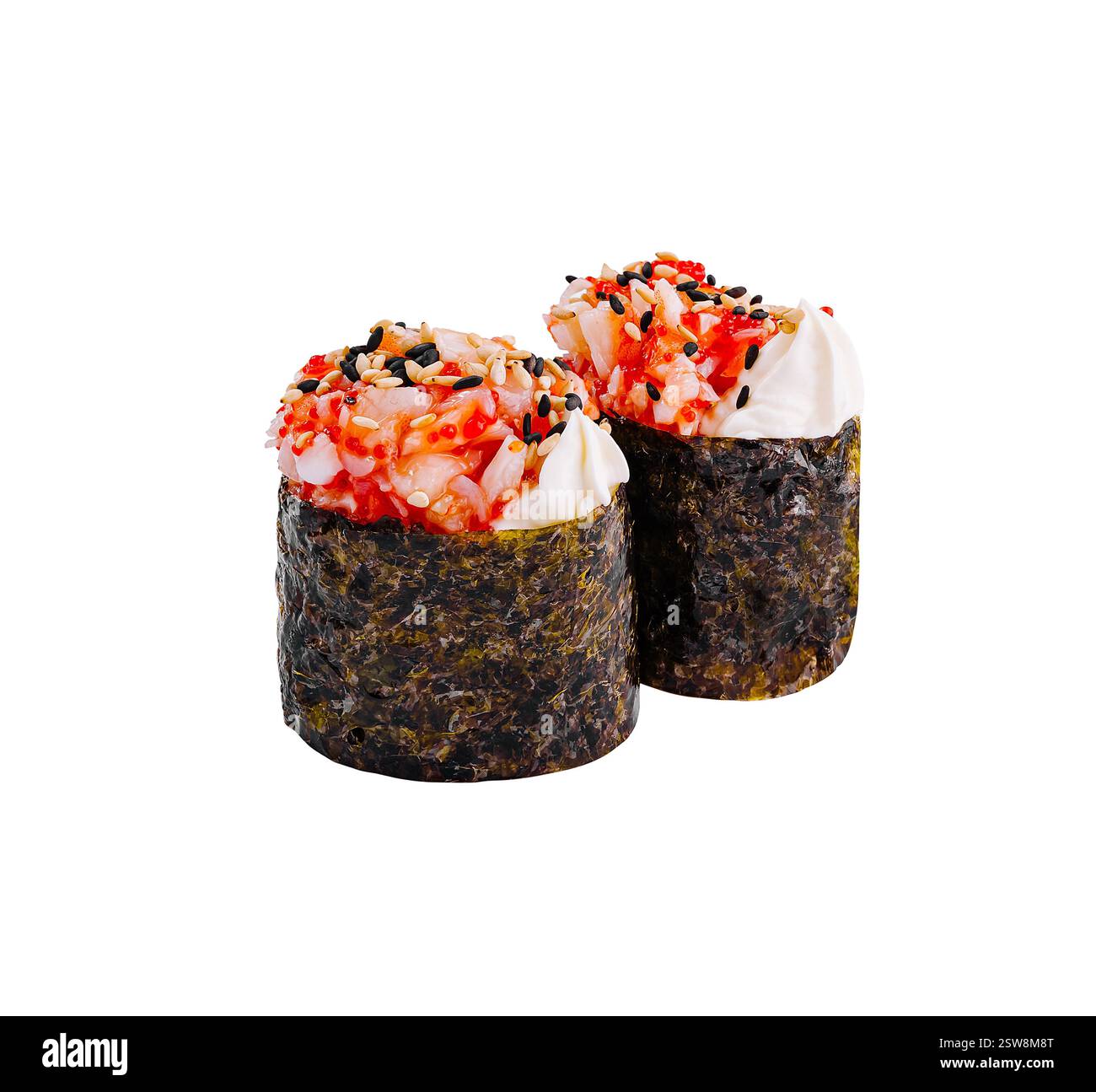 Two delicious gunkan sushi pieces are presented, featuring tobiko and ...