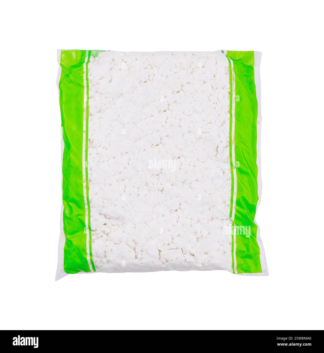 Sealed plastic bag presenting fresh cottage cheese isolated on white ...