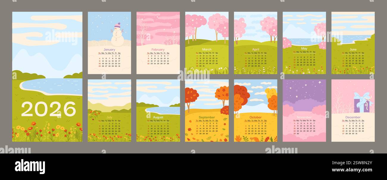 Calendar 2026 minimalist landscape natural of four seasons. Flat ...