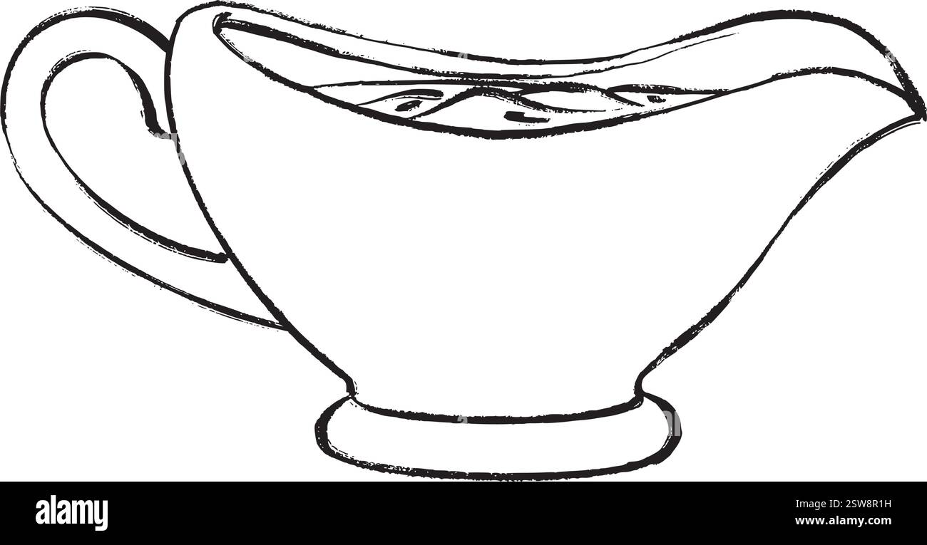 Black and white vector line drawing of a sauce boat with sauce ...